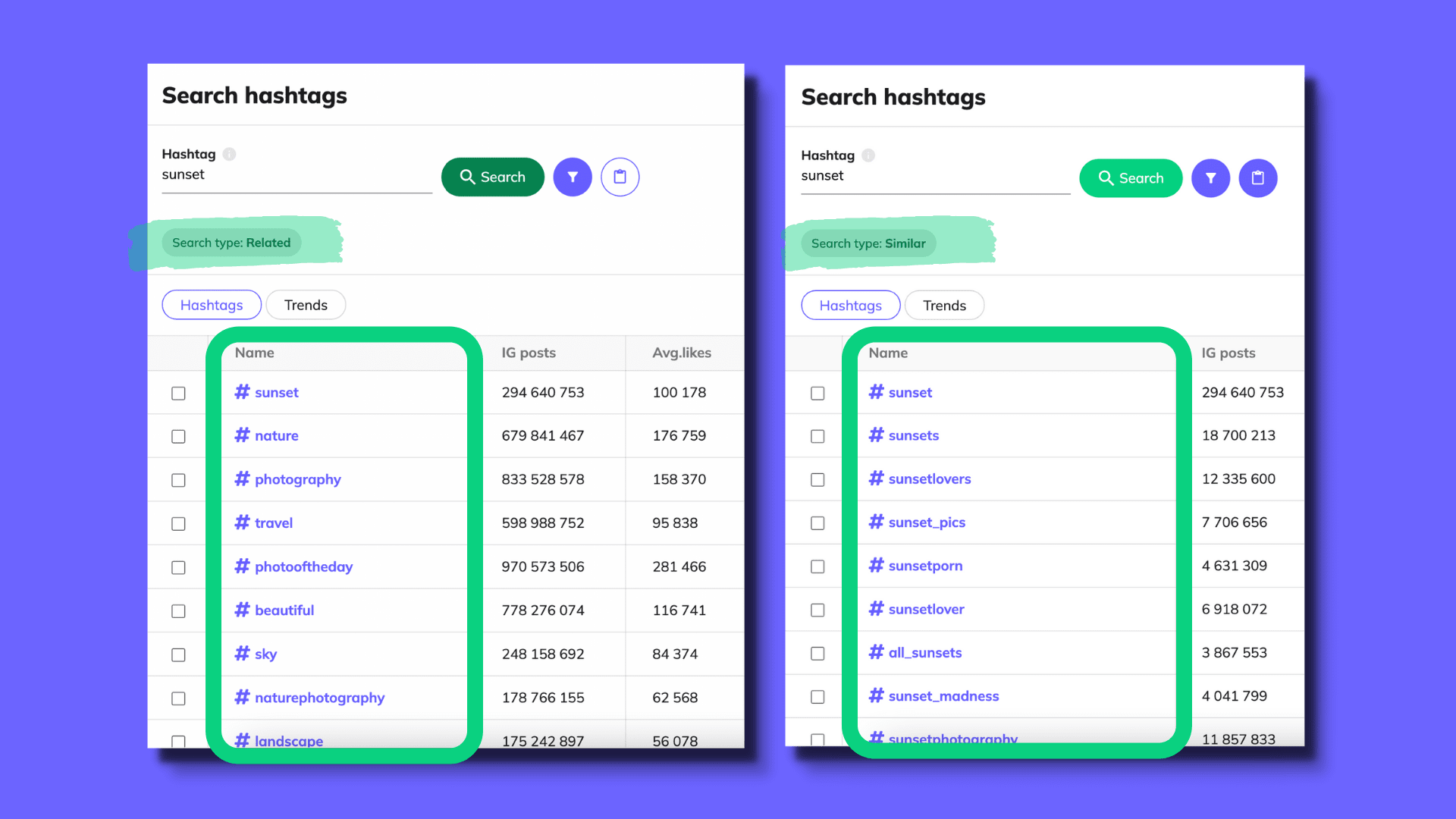 Defining search criteria in Search Hashtags feature: search type